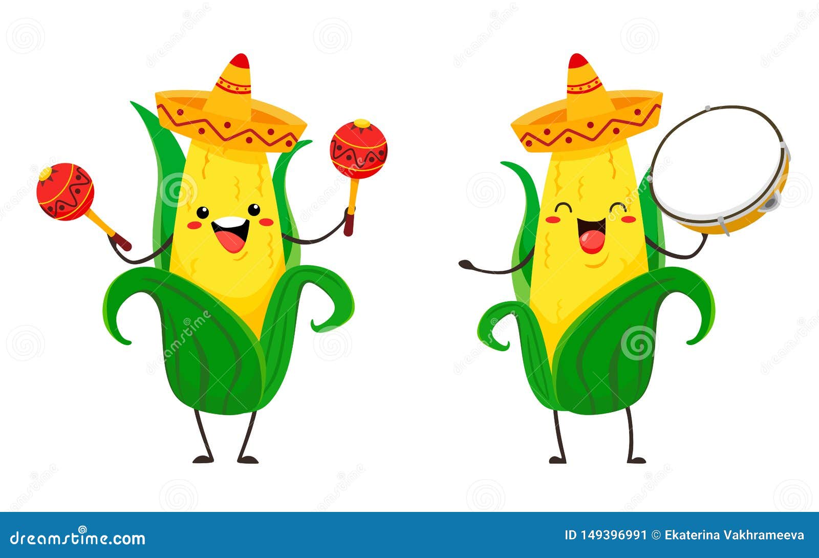 Sweet and Funny Kawai Corn in a Sombrero with Maracas and Tambourine ...