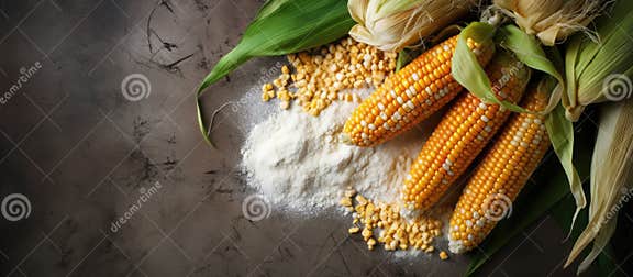 Corn on the Cob, Corn Kernels, and Flour Displayed on a Table Stock ...
