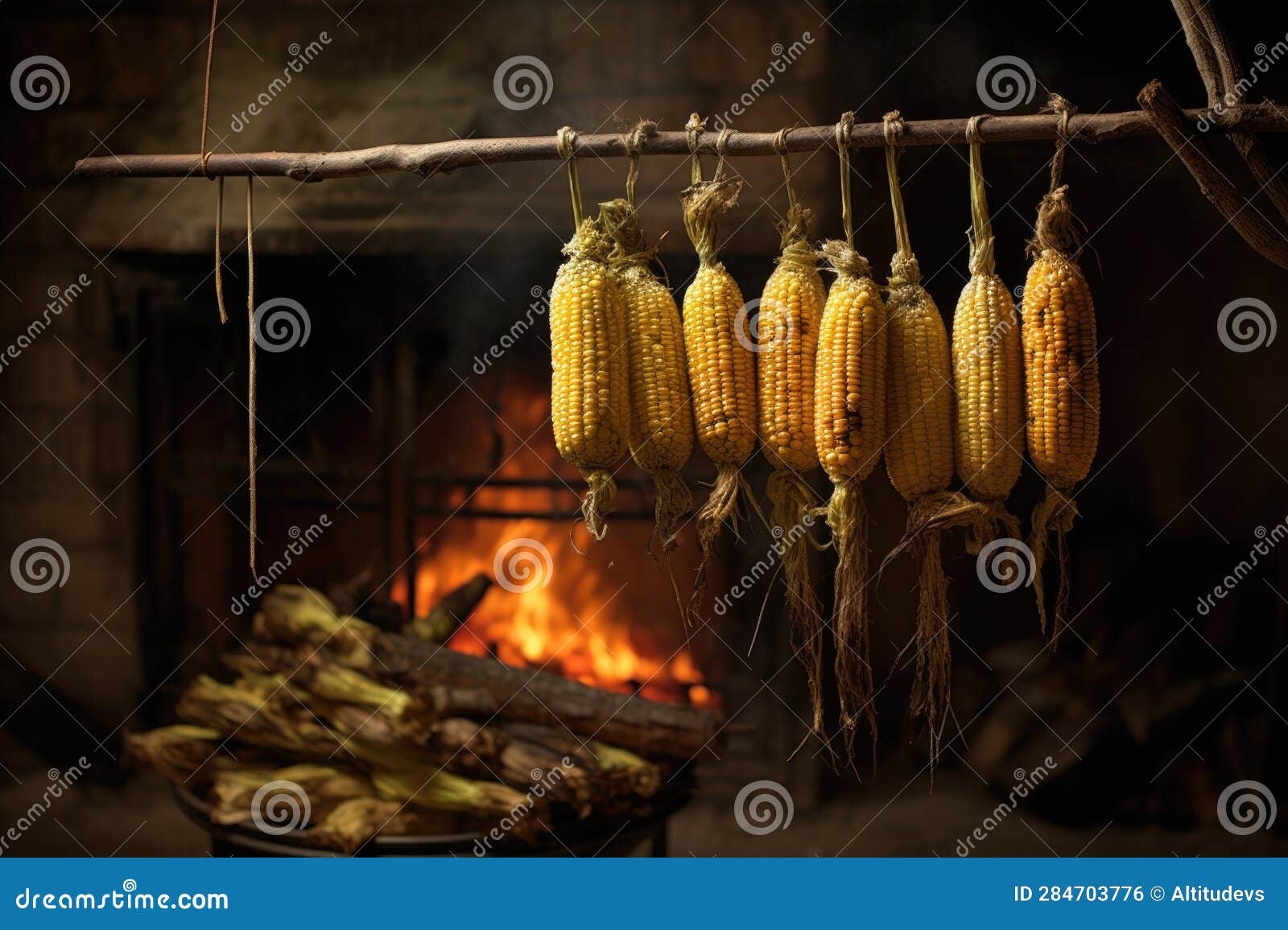 Corn on the Cob Skewered with Stick, Suspended Over Fire Stock ...