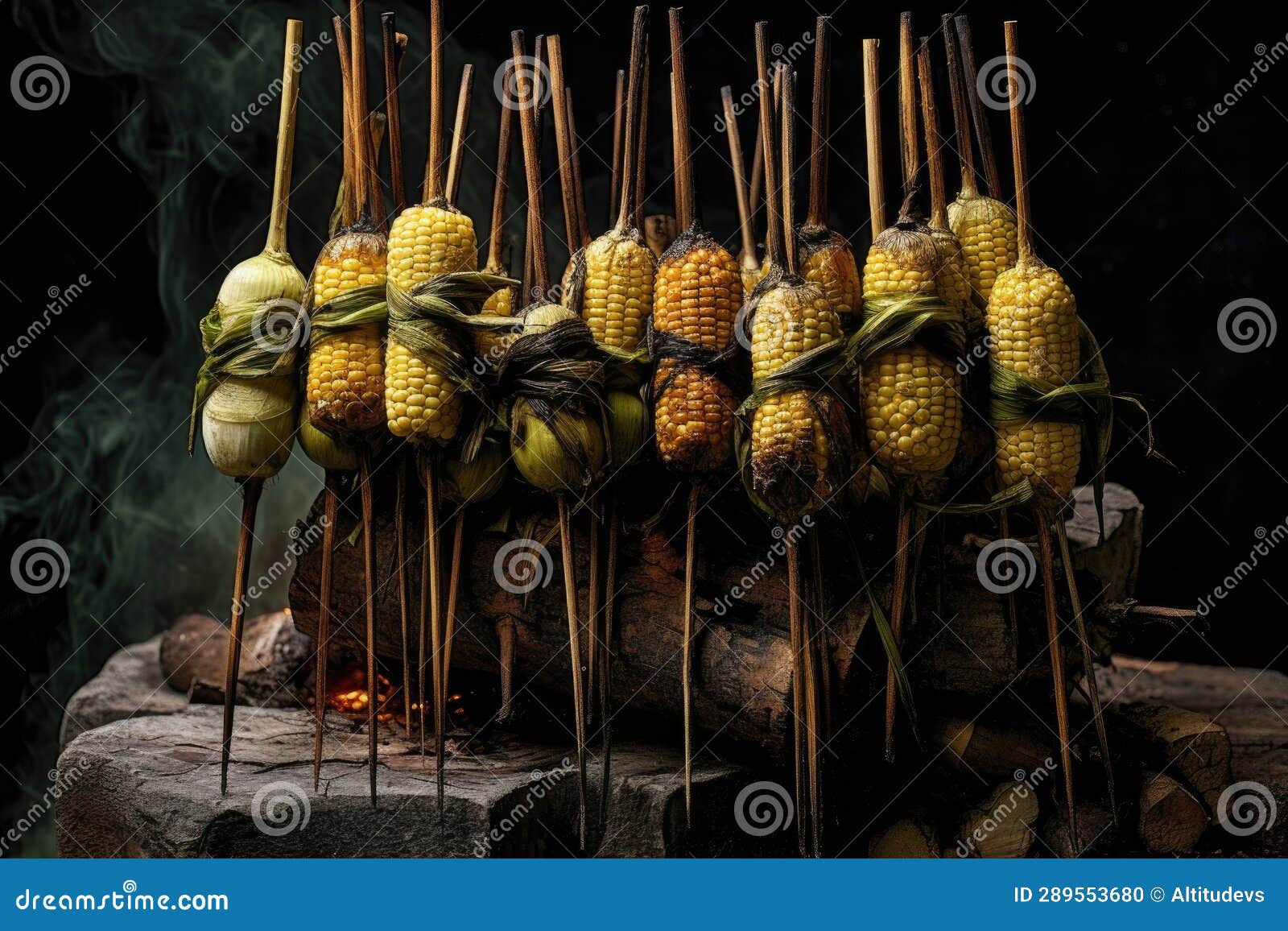 Corn on the Cob on Skewers Over Hot Coals Stock Photo - Image of grill ...
