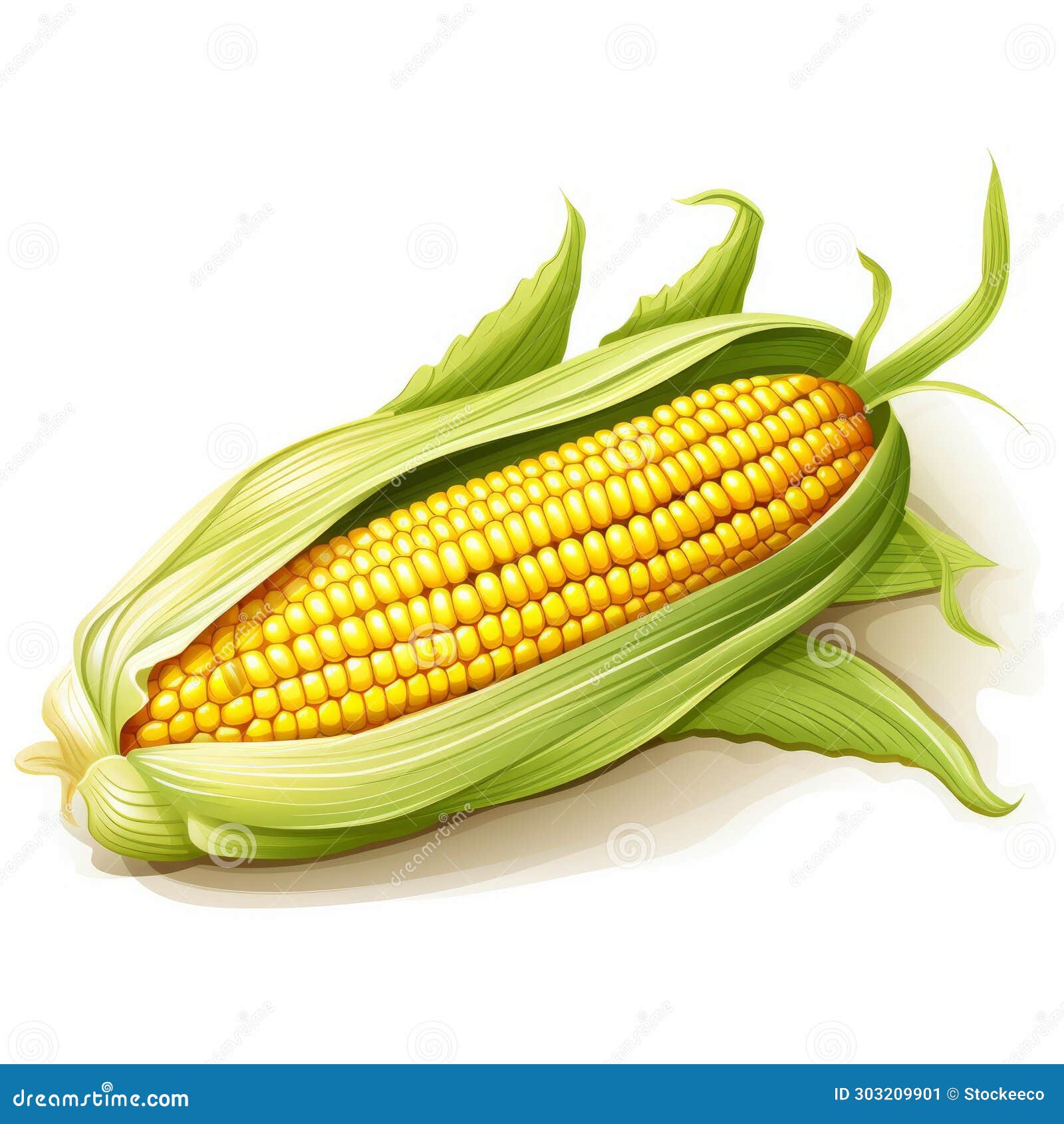 Detailed Vector Illustration of Corn Cob with Green Leaves Stock ...