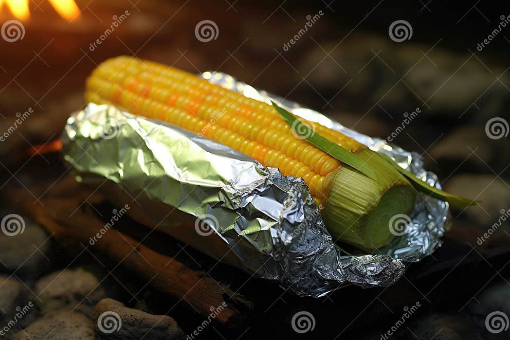Corn on the Cob Wrapped in Foil, Cooking in Campfire Stock Illustration ...