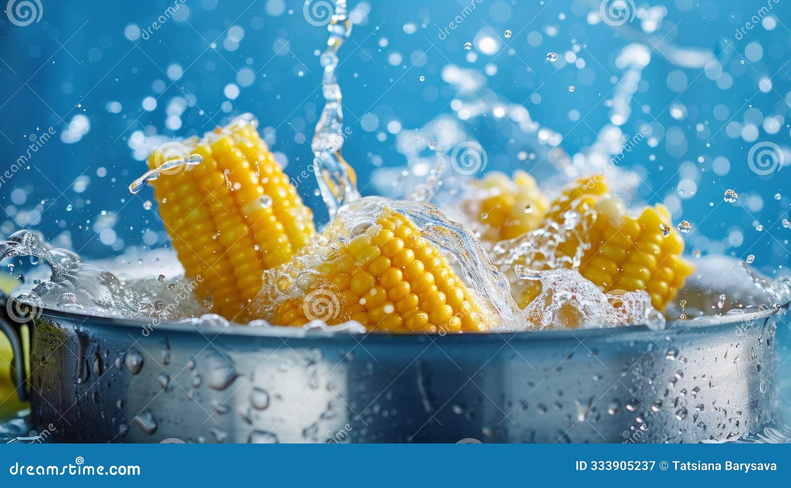Corn Cobs Boiling in Hot Water on Blue Background Stock Image - Image ...