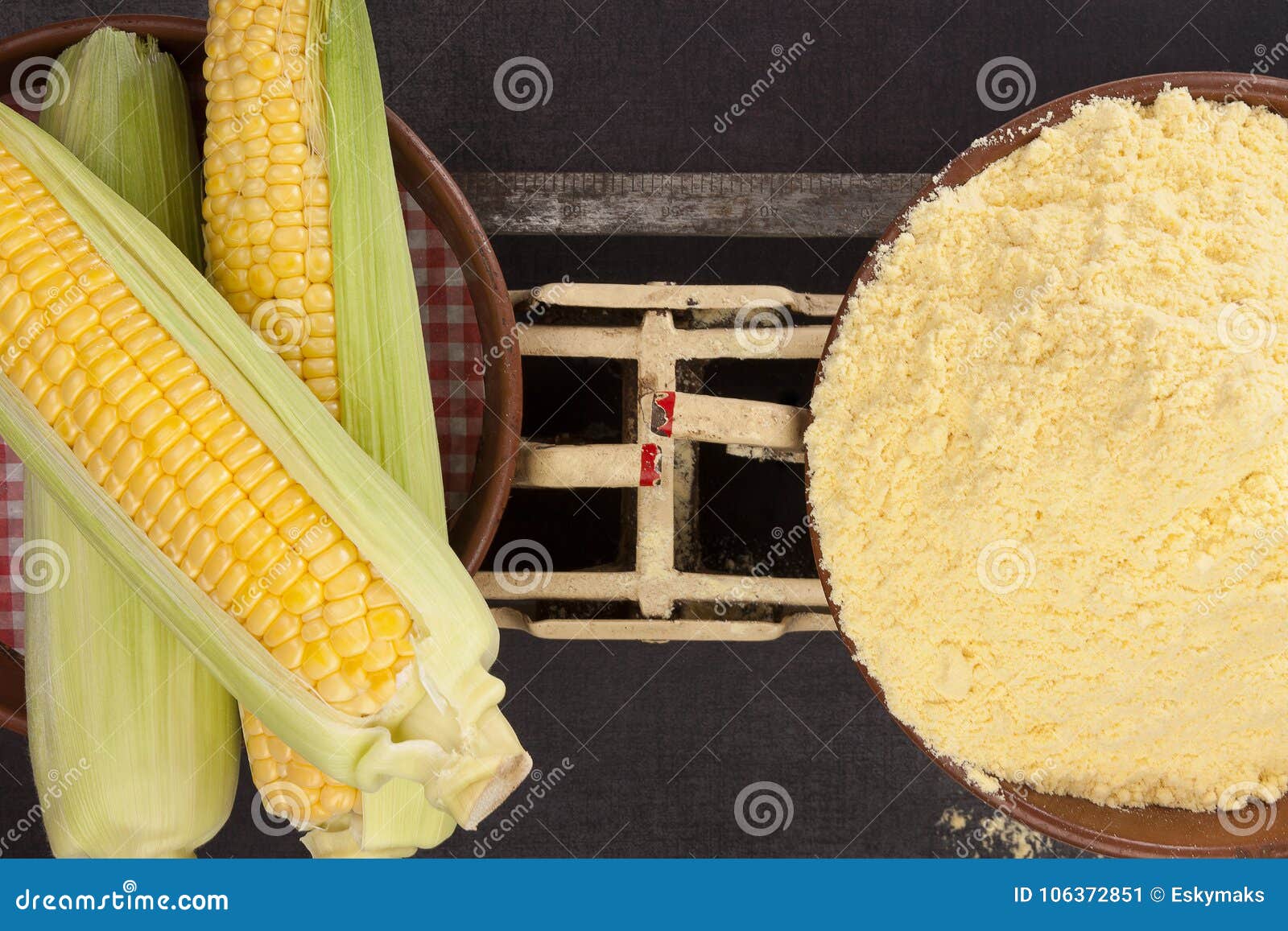 Corn Cobs and Corn Flour on Old Weight Scale. Stock Image - Image of ...