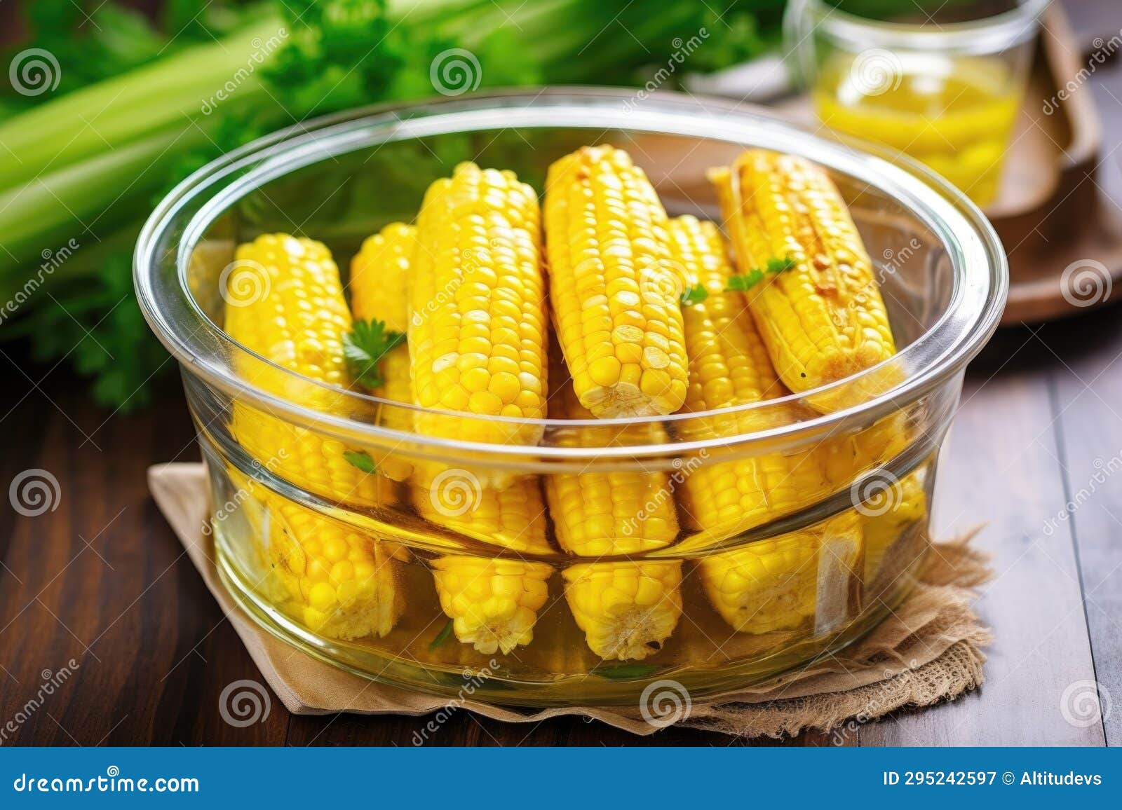 Corn Cobs Soaking in Glaze in a Glass Bowl Stock Image - Image of cobs ...