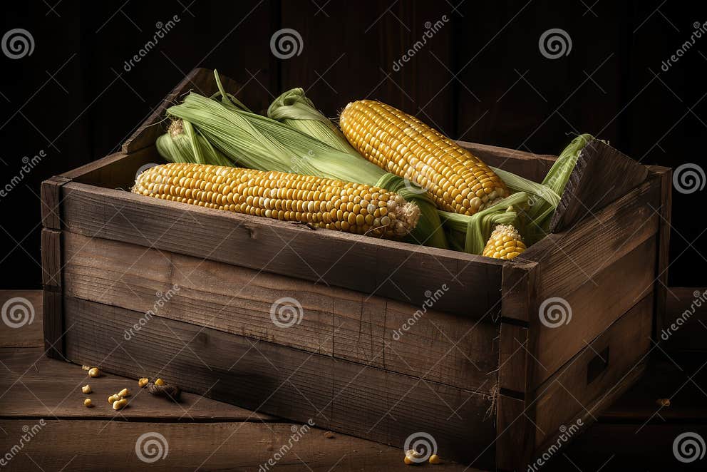 Corn Cobs in Wooden Box. Generative AI Stock Illustration ...