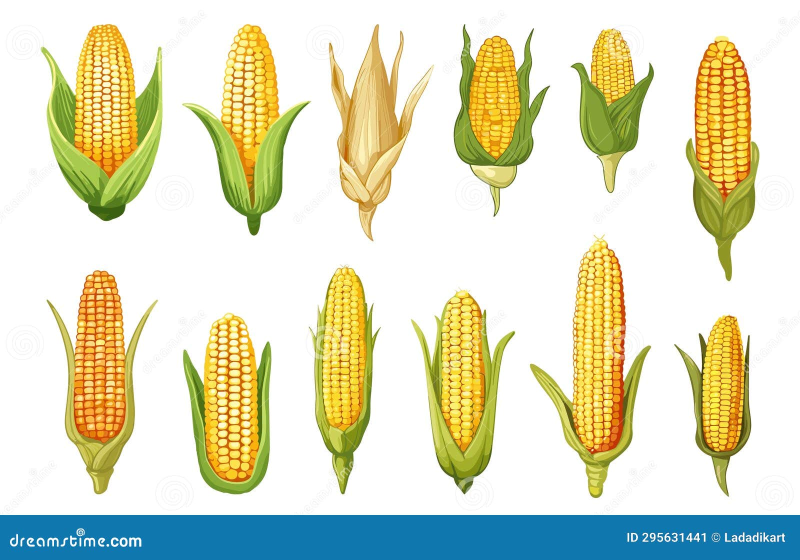 Corn Collection. Cartoon Corns with Leaves, Isolated Cobs Stock ...