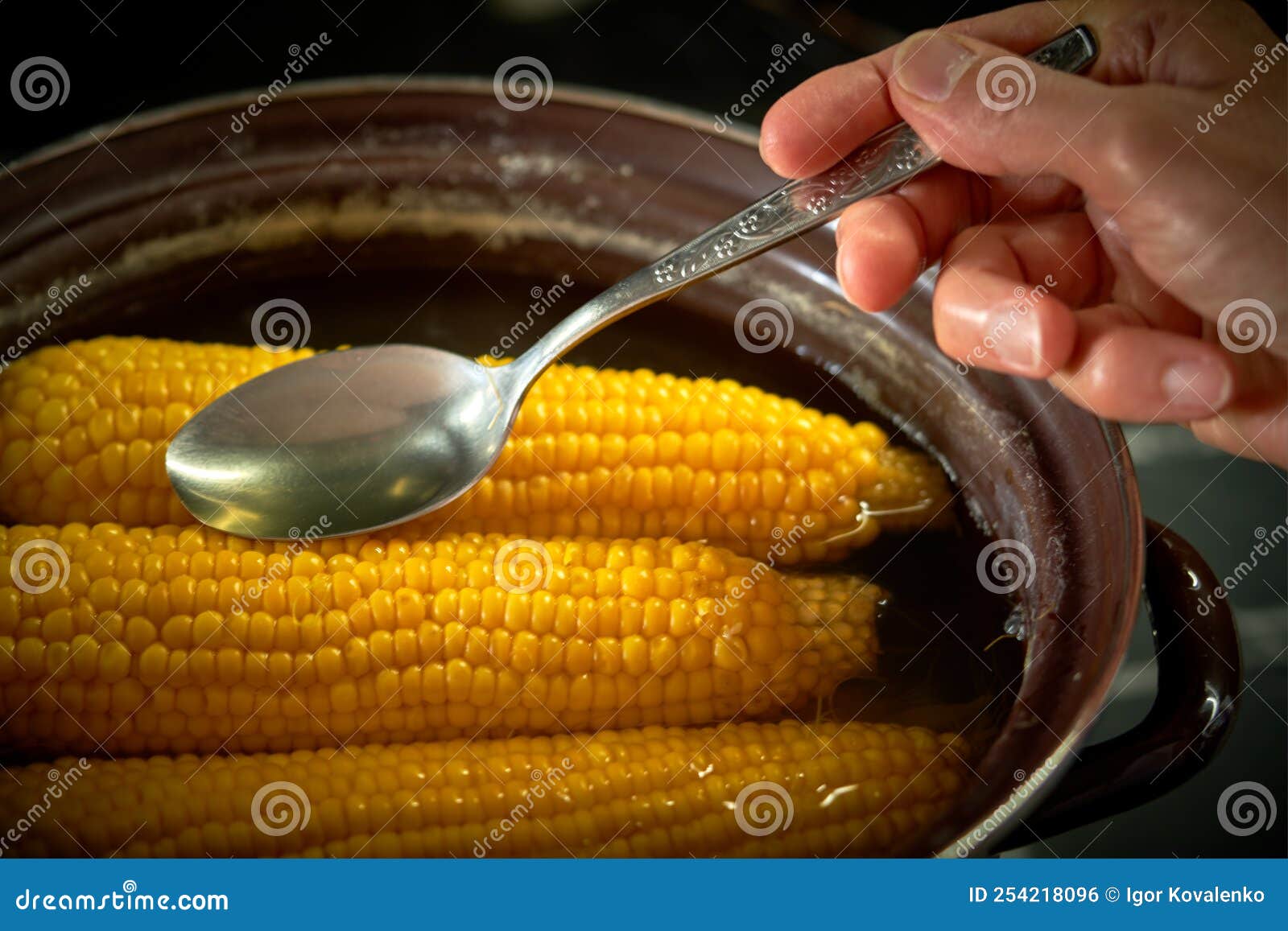 Corn is Cooked in a Pan in the Kitchen Stock Photo - Image of brown ...
