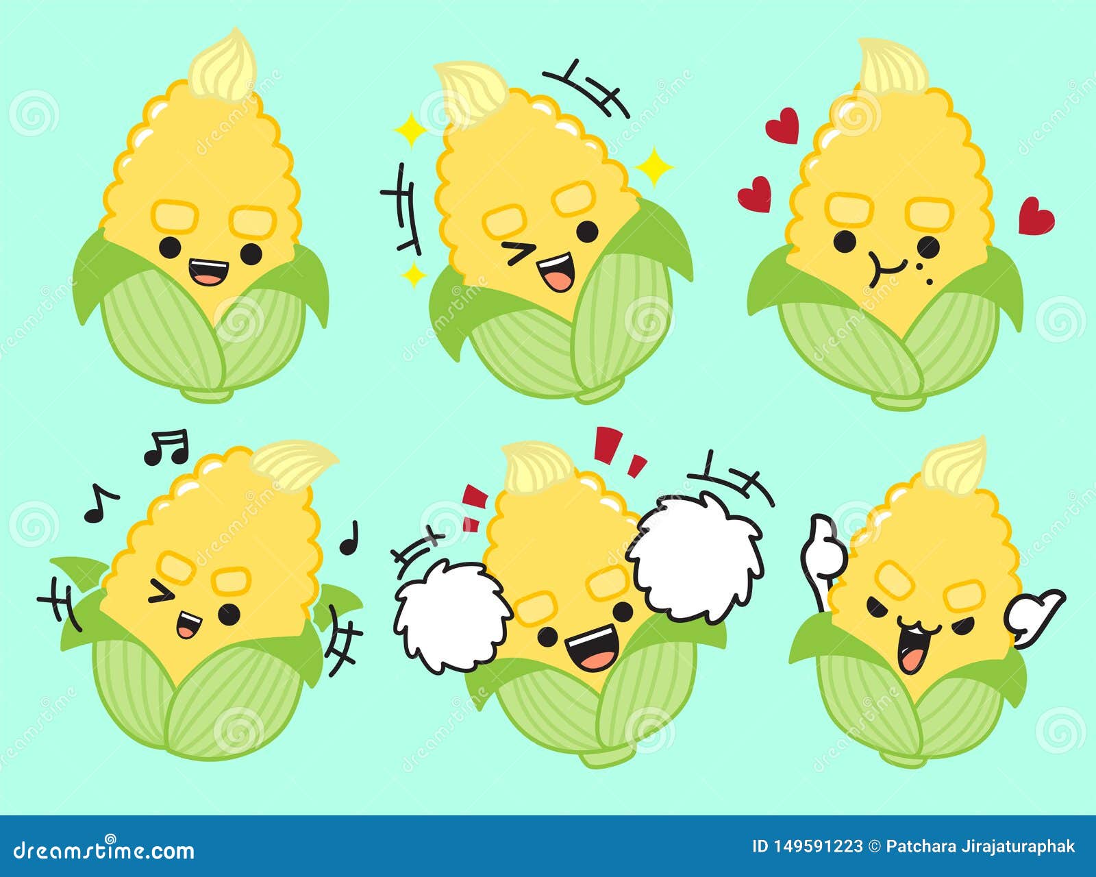 Corn. Cute Funny Corn In Cartoon Kawai Style. Vector Isolate On White ...