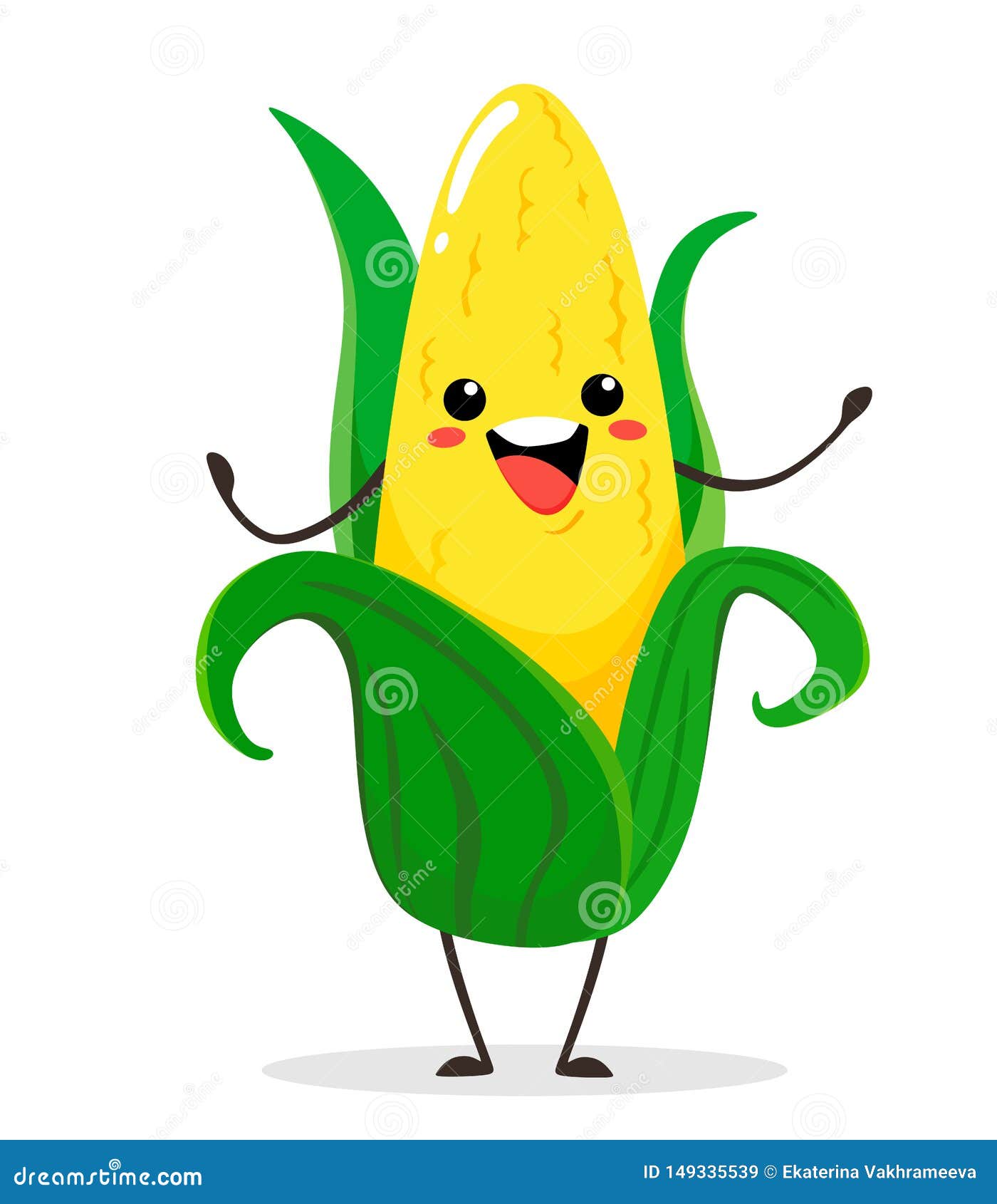 Corn Cute Funny Corn In Cartoon Kawai Style Vector Isolate On White