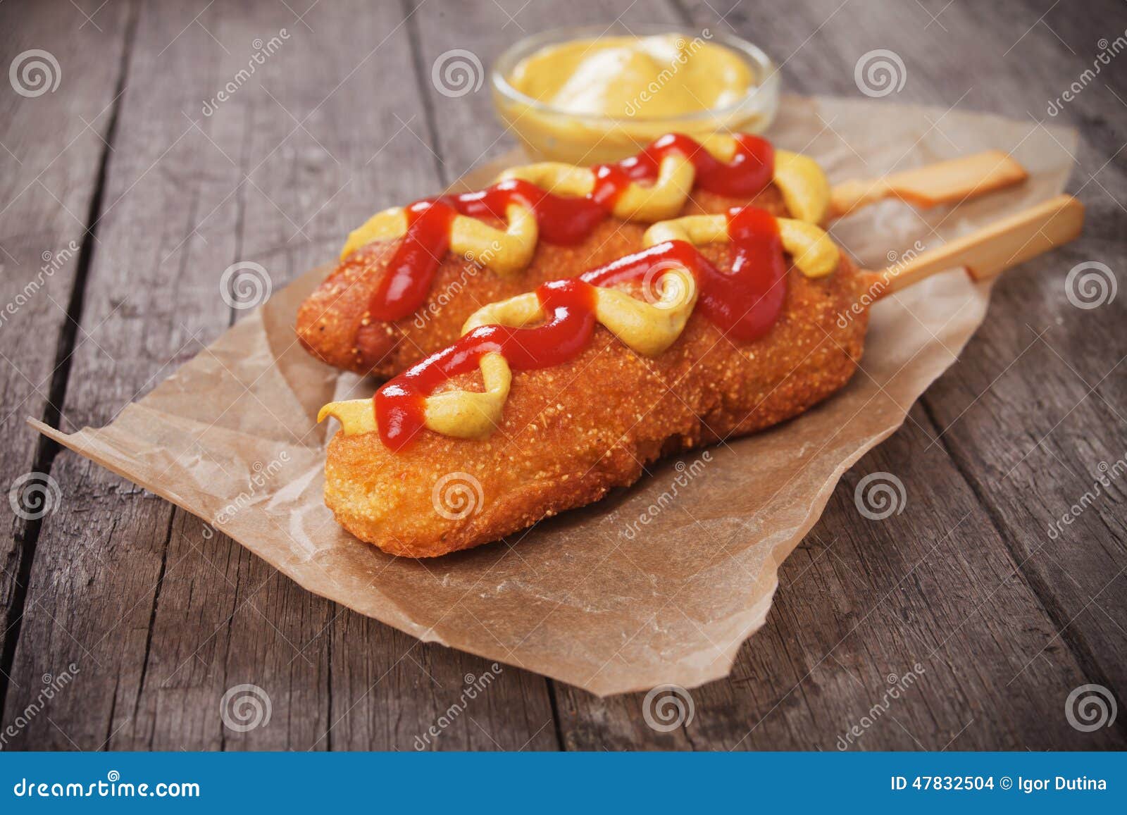 Corn Dog with Mustard and Ketchup Stock Photo - Image of snack, ketchup ...