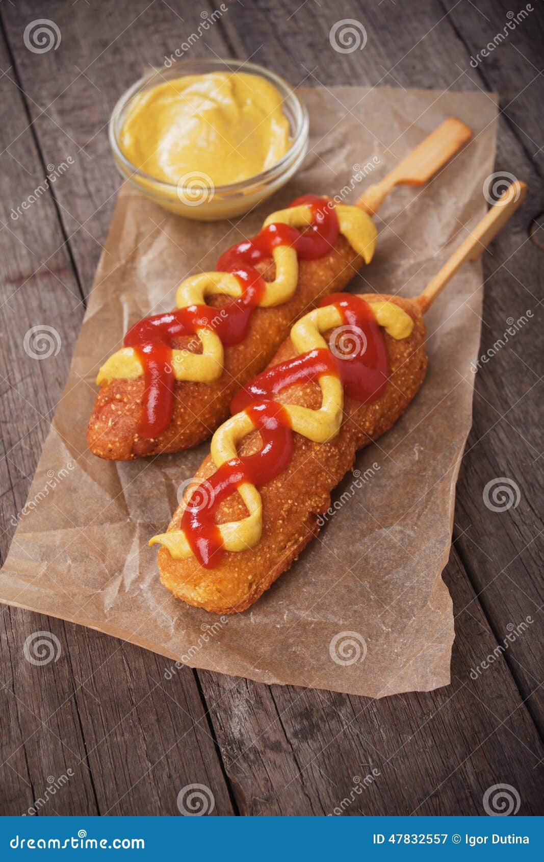 Corn Dog with Mustard and Ketchup Stock Image - Image of fast, ketchup ...