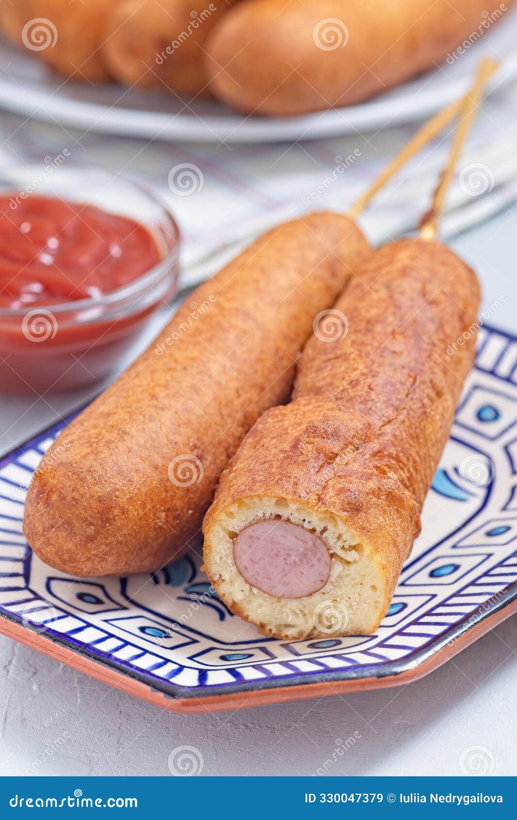 Corn Dogs on White Blue Plate, Served with Ketchup, Vertical Closeup ...