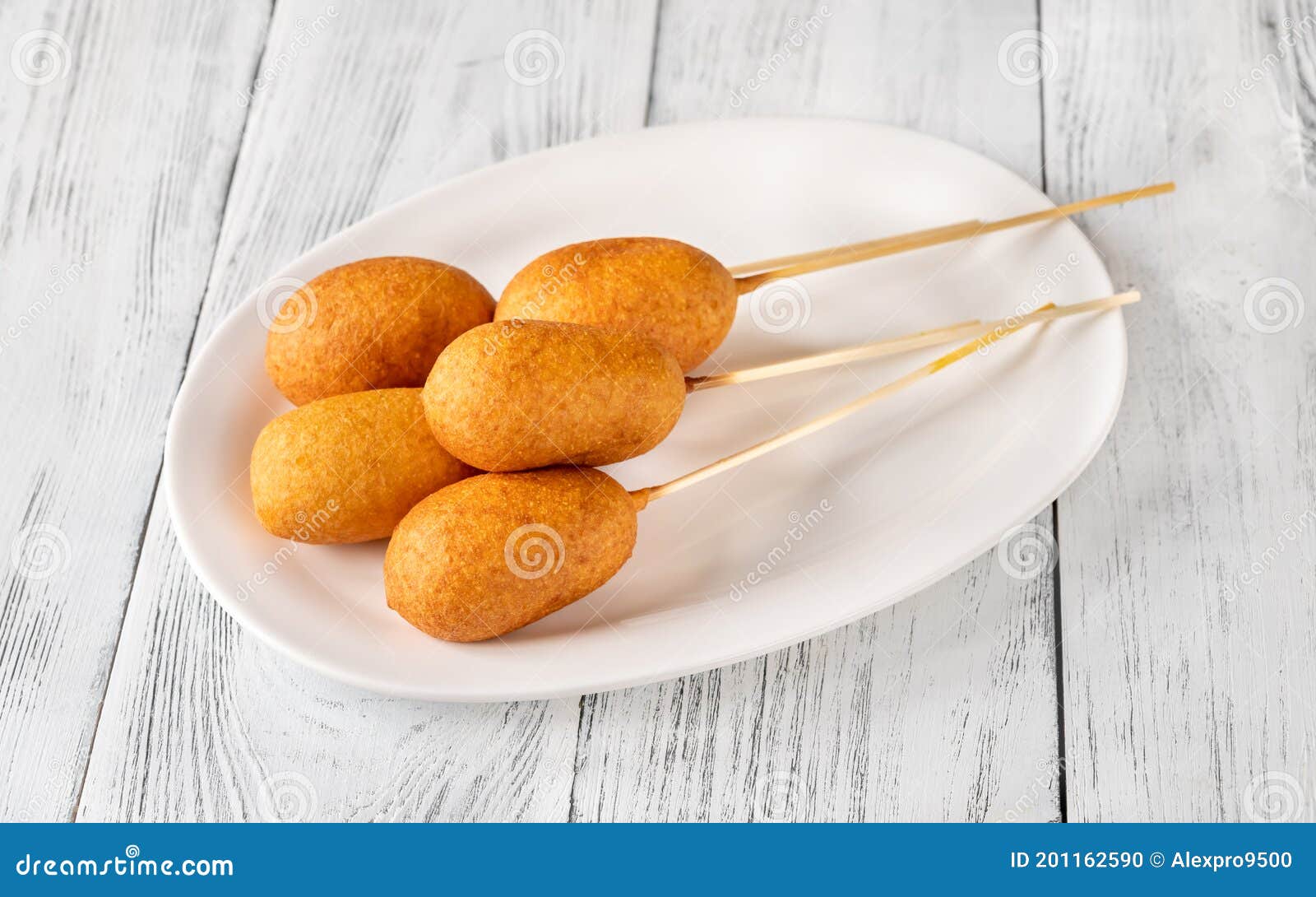 Corn Dogs on White Serving Plate Stock Photo - Image of closeup, junk ...