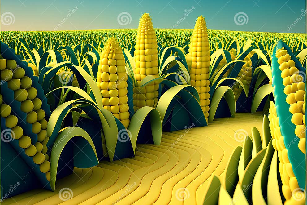 Corn Field on a Background of Blue Sky. 3d Illustration Stock ...