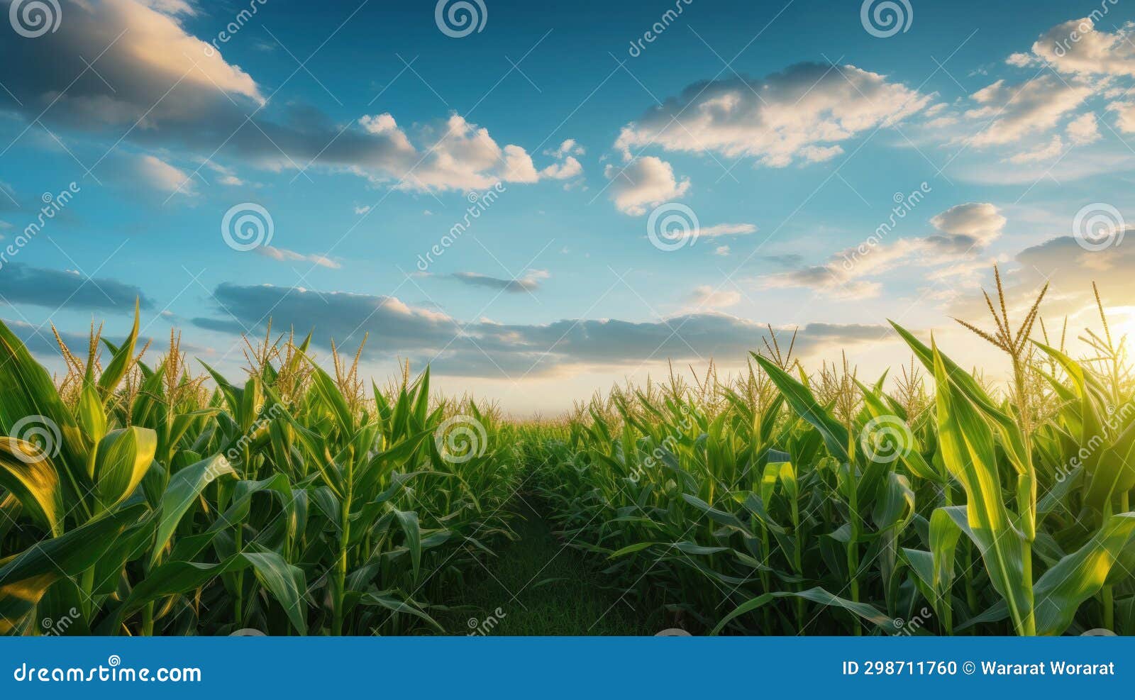 Corn Field with Blue Sky and Clouds Stock Photo - Image of sunlight, cloudy: 298711760