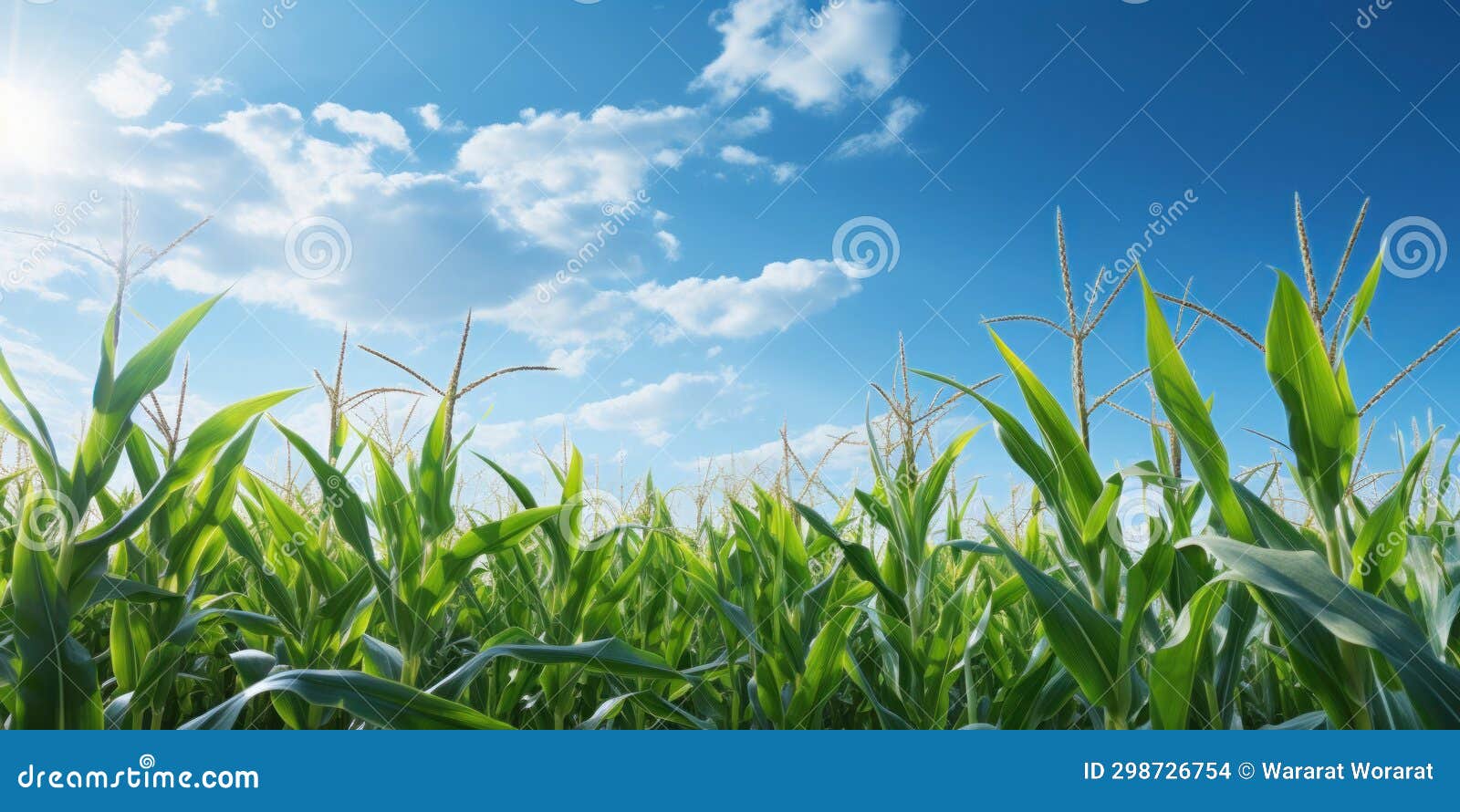 Corn Field with Blue Sky and Clouds Stock Photo - Image of lawn, farm ...