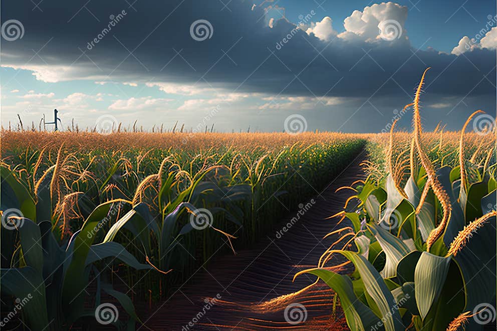 Corn Field with Blue Sky and White Clouds. 3d Illustration Stock ...