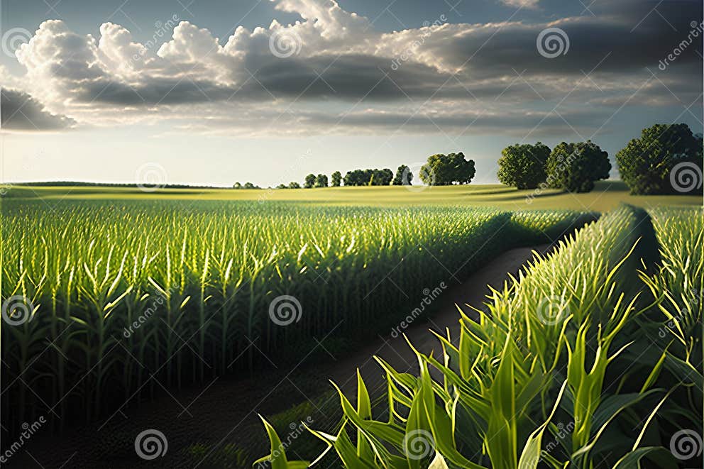 Corn Field and Blue Sky with White Clouds - 3d Render Illustration ...