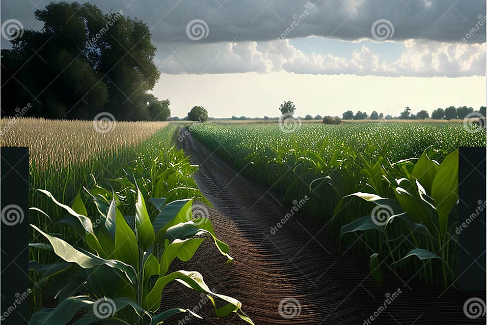 Corn Field in the Evening with Stormy Sky, 3d Render Stock Illustration ...
