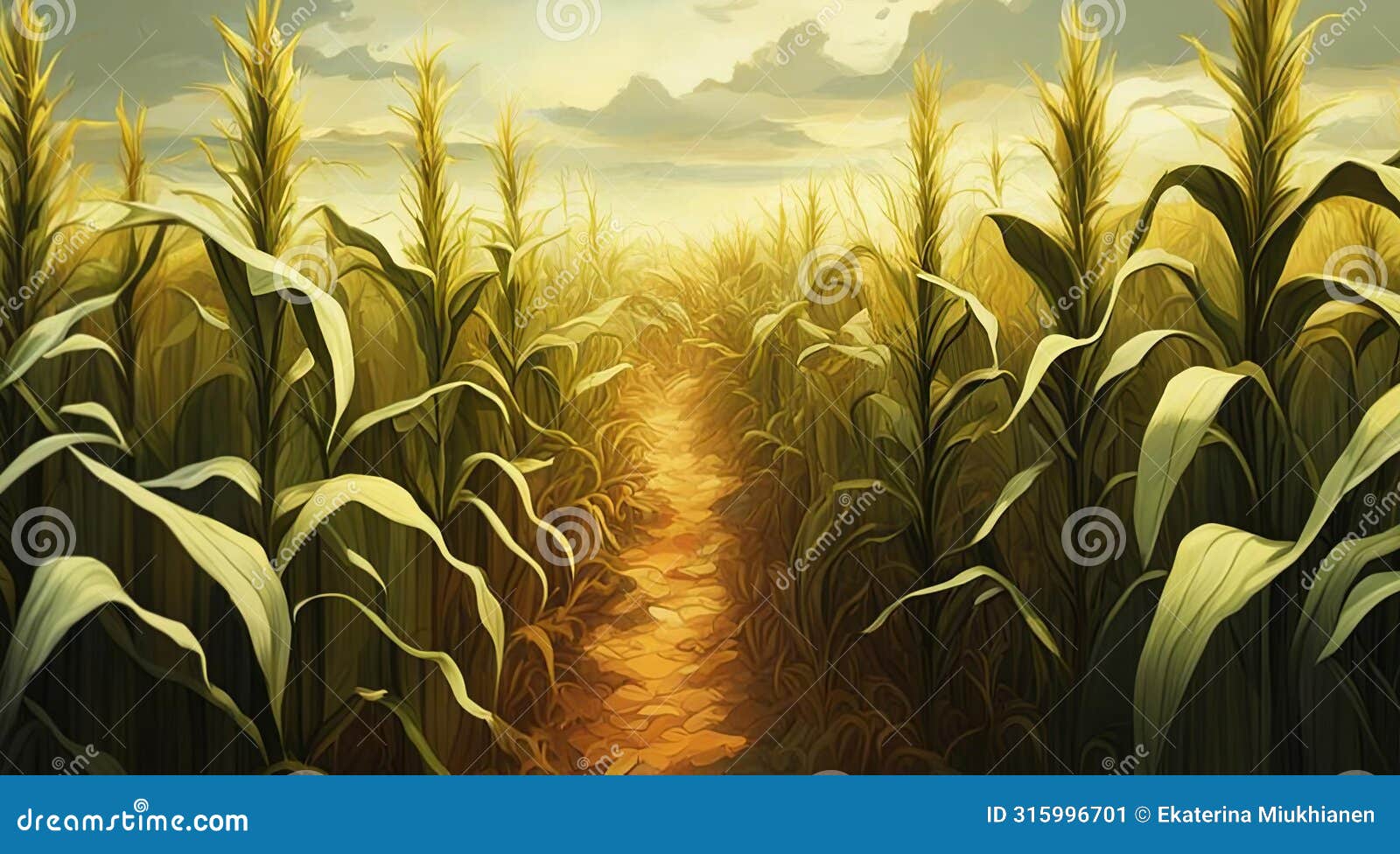 Corn Field with Path in Center Painting Stock Illustration ...