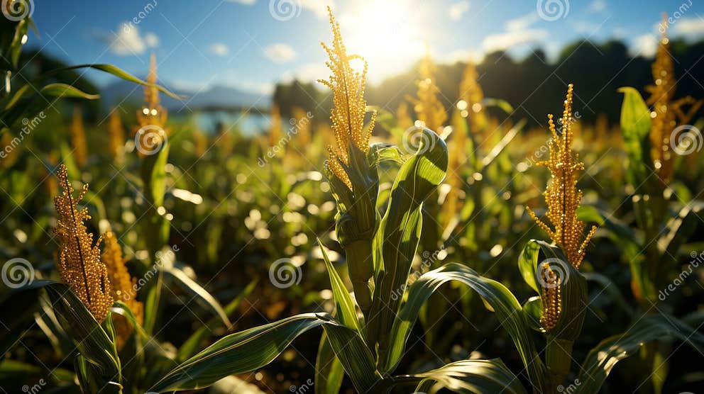 Corn Field is Shown with the Sun Shining through. Generative AI. Stock ...