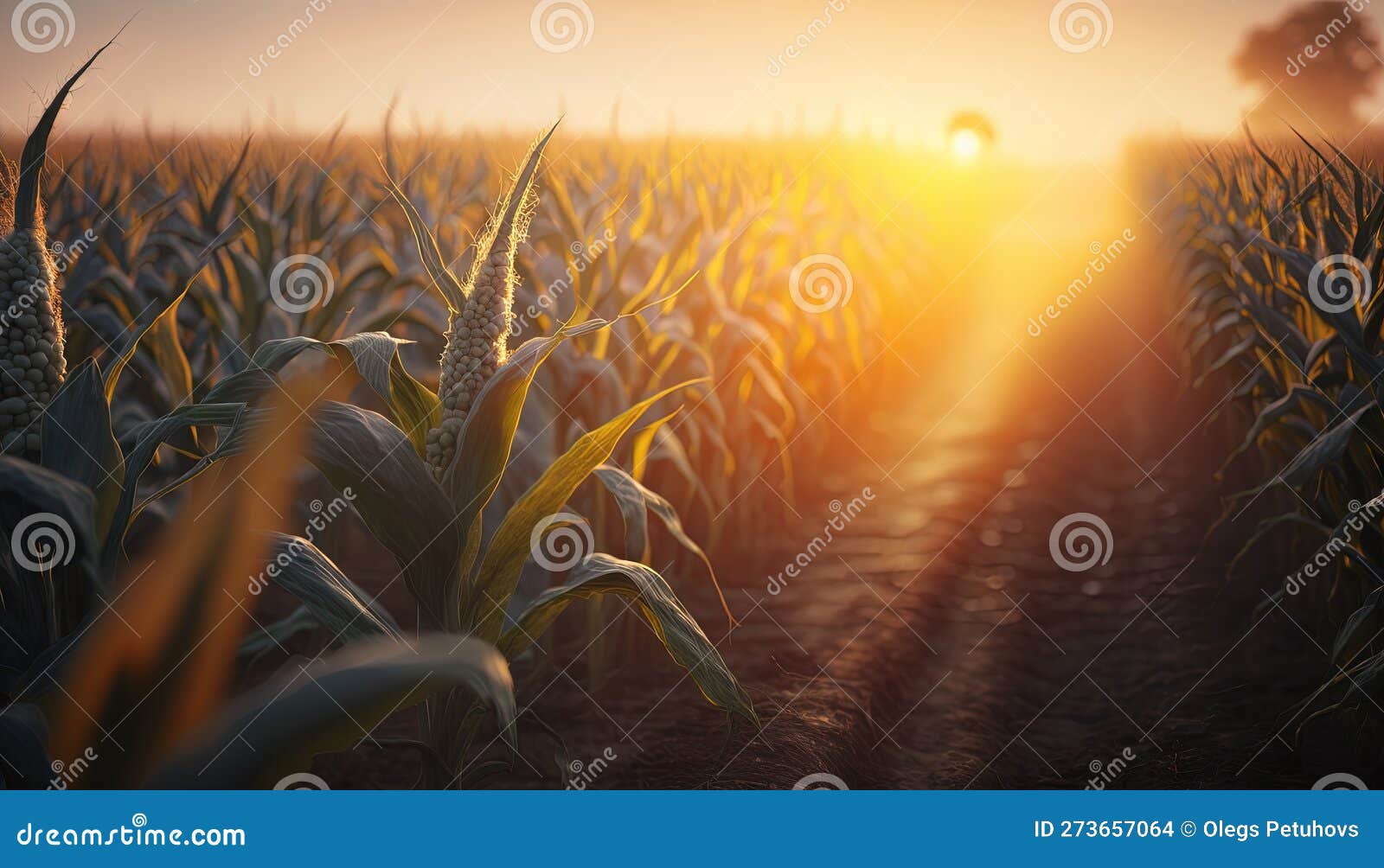 A Corn Field with the Sun Setting in the Background and a Person ...