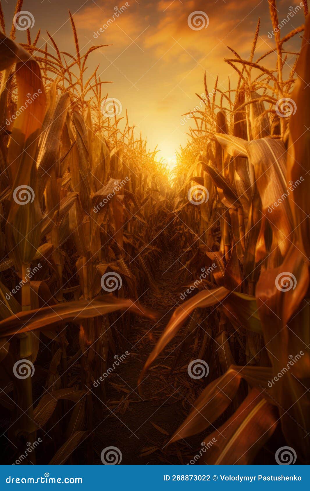 Corn Field with the Sun Setting in the Background and Trail of Leaves ...