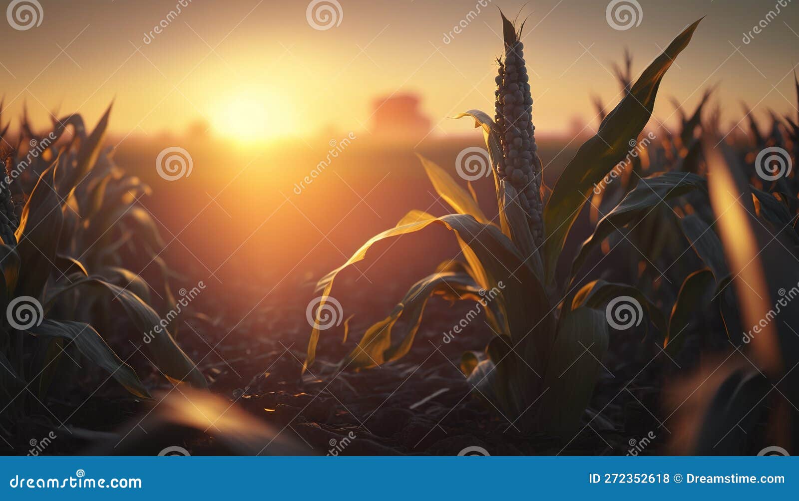 A Corn Field with the Sun Setting in the Distance Behind it Stock ...