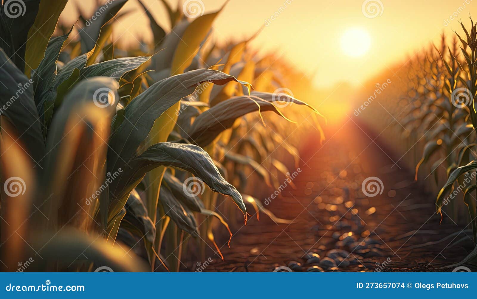 A Corn Field with the Sun Setting in the Distance Behind it Stock ...