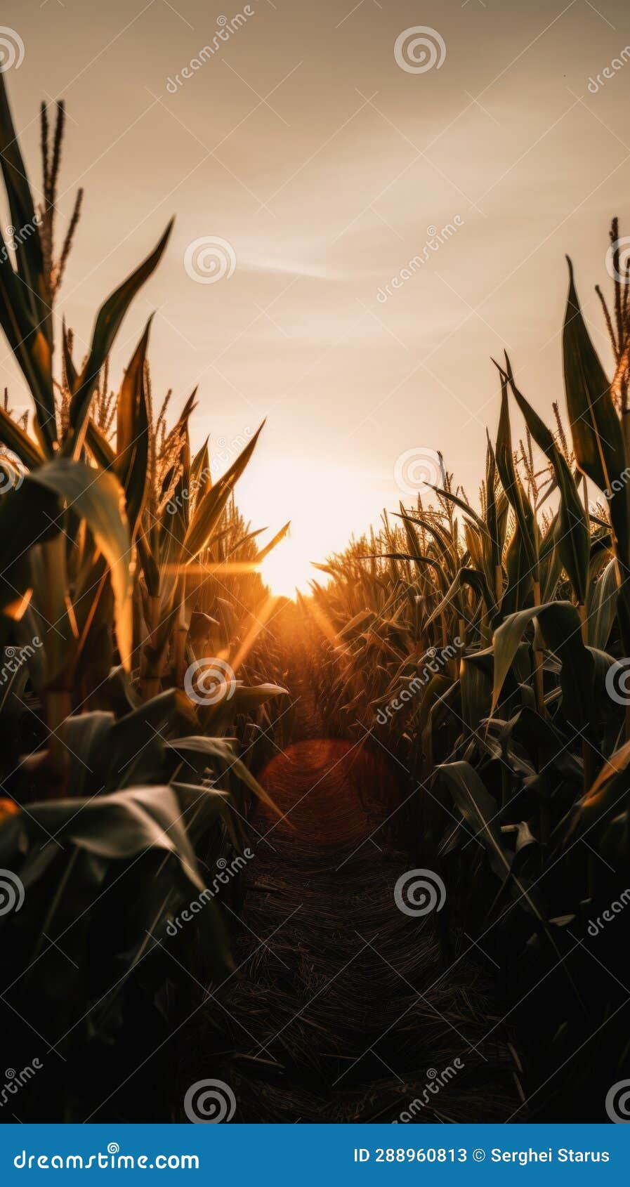 A Corn Field at Sunset with the Sun Shining through, AI Stock Image ...