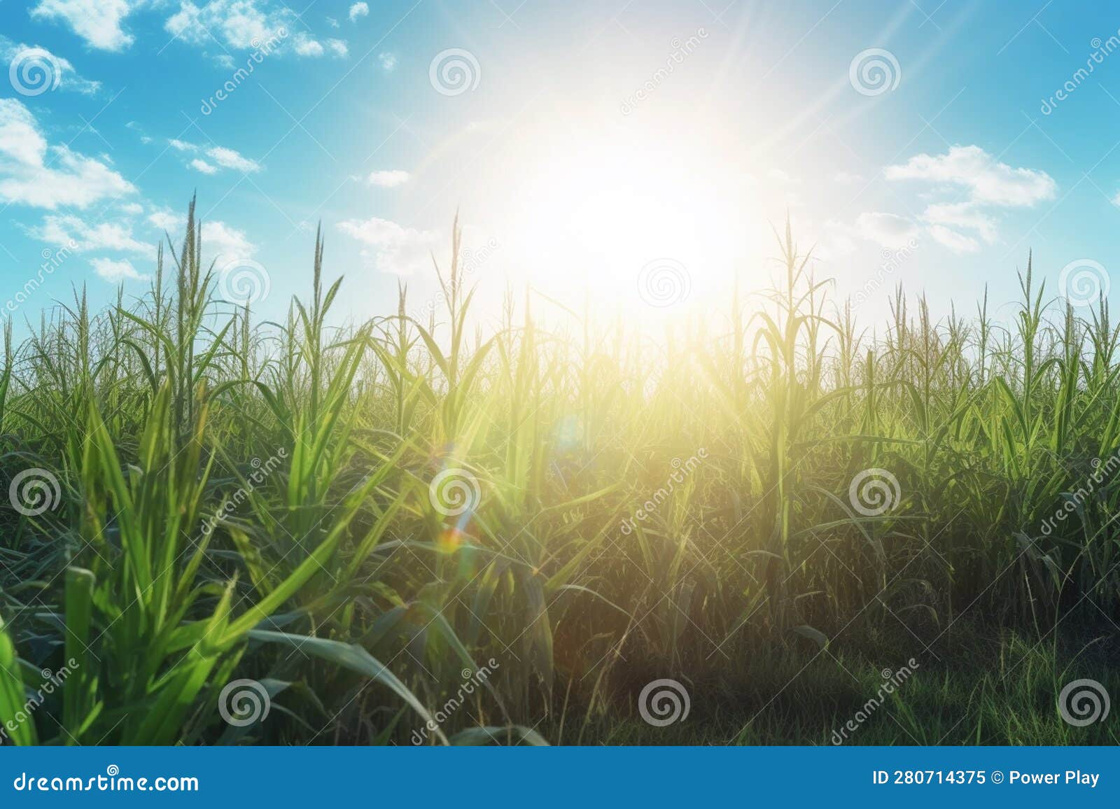 Corn Field at Sunset with Sunbeams and Blue Sky Background. Generative ...