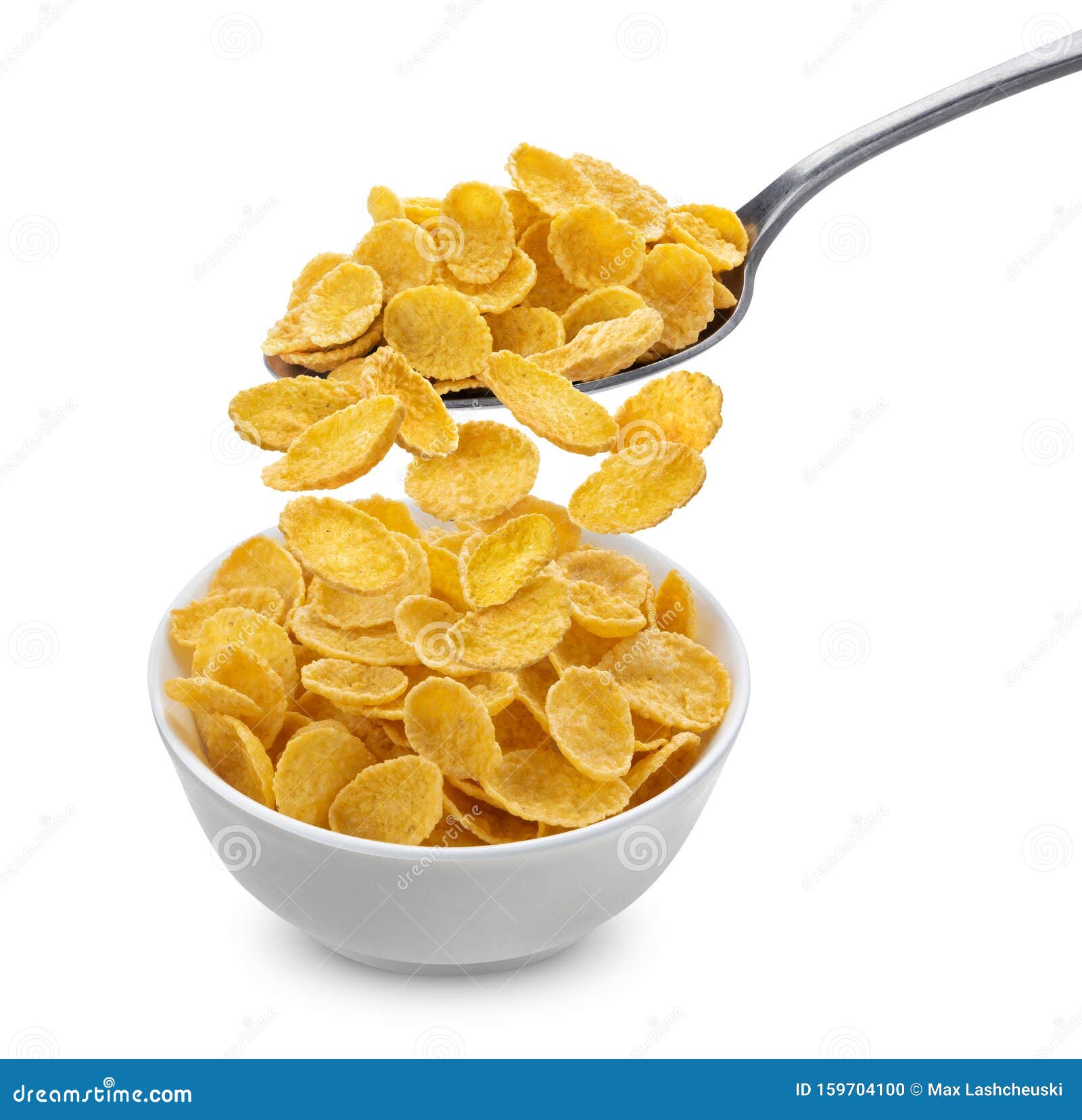 Corn Flakes Falling from Spoon into Bowl Isolated on White Background ...