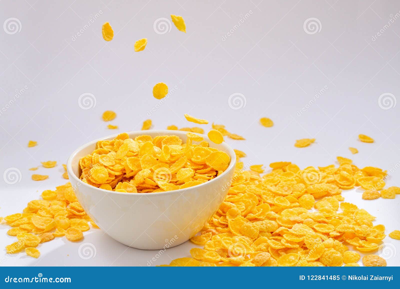 Corn Flakes Falling To the White Bowl. Motion. Copyspace Stock Image ...