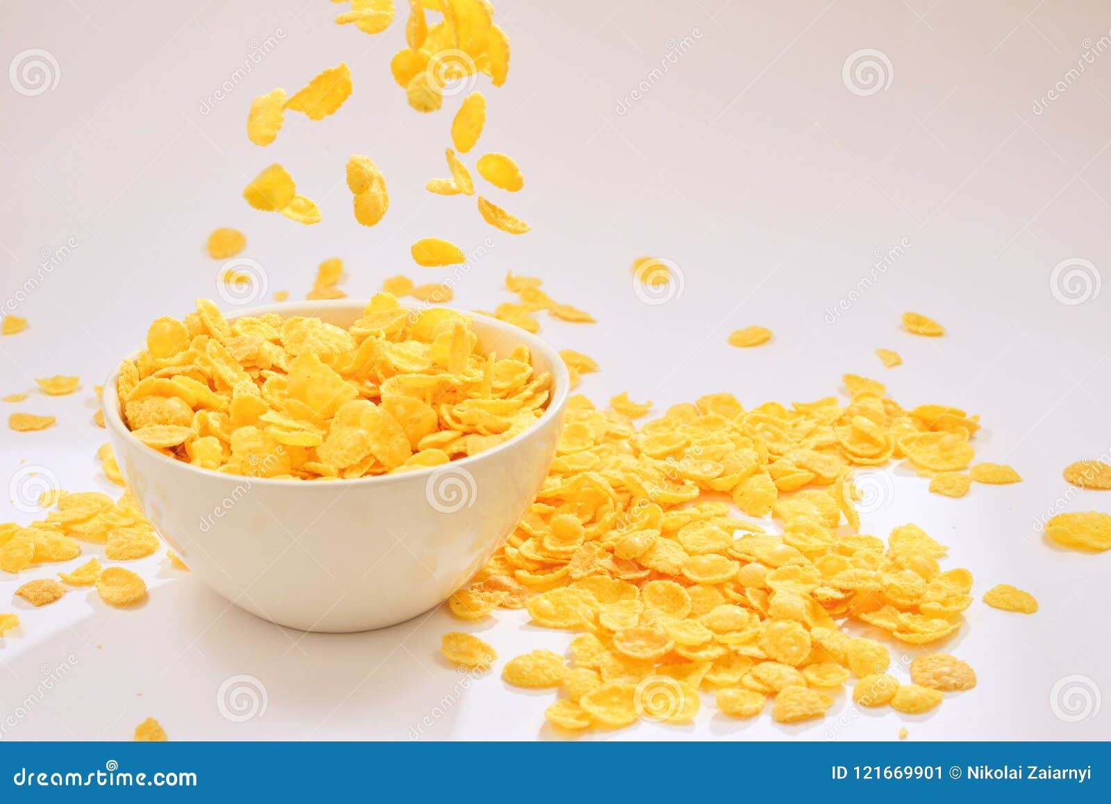 Corn Flakes Falling To the White Bowl. Motion. Copyspace Stock Image ...