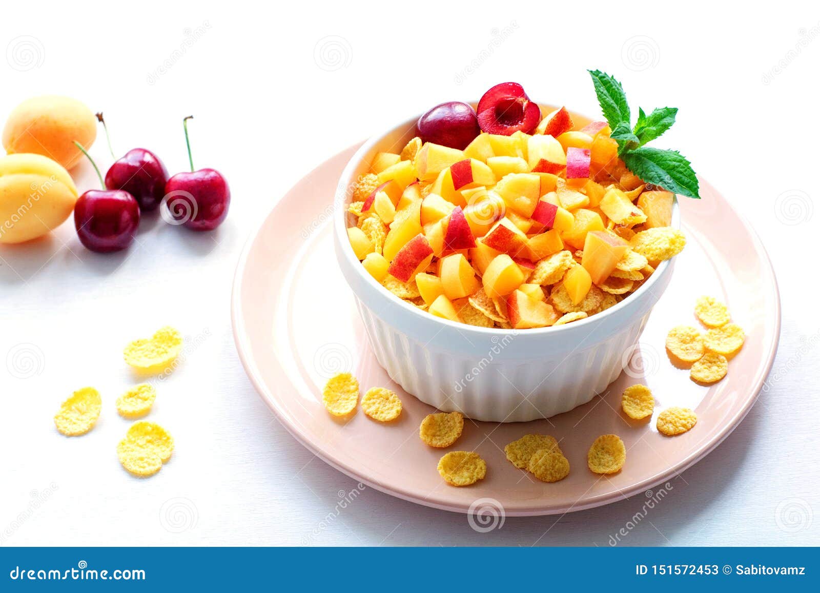 Healthy Breakfast with Cornflakes and Pieces of Fruit, Cherries on a ...