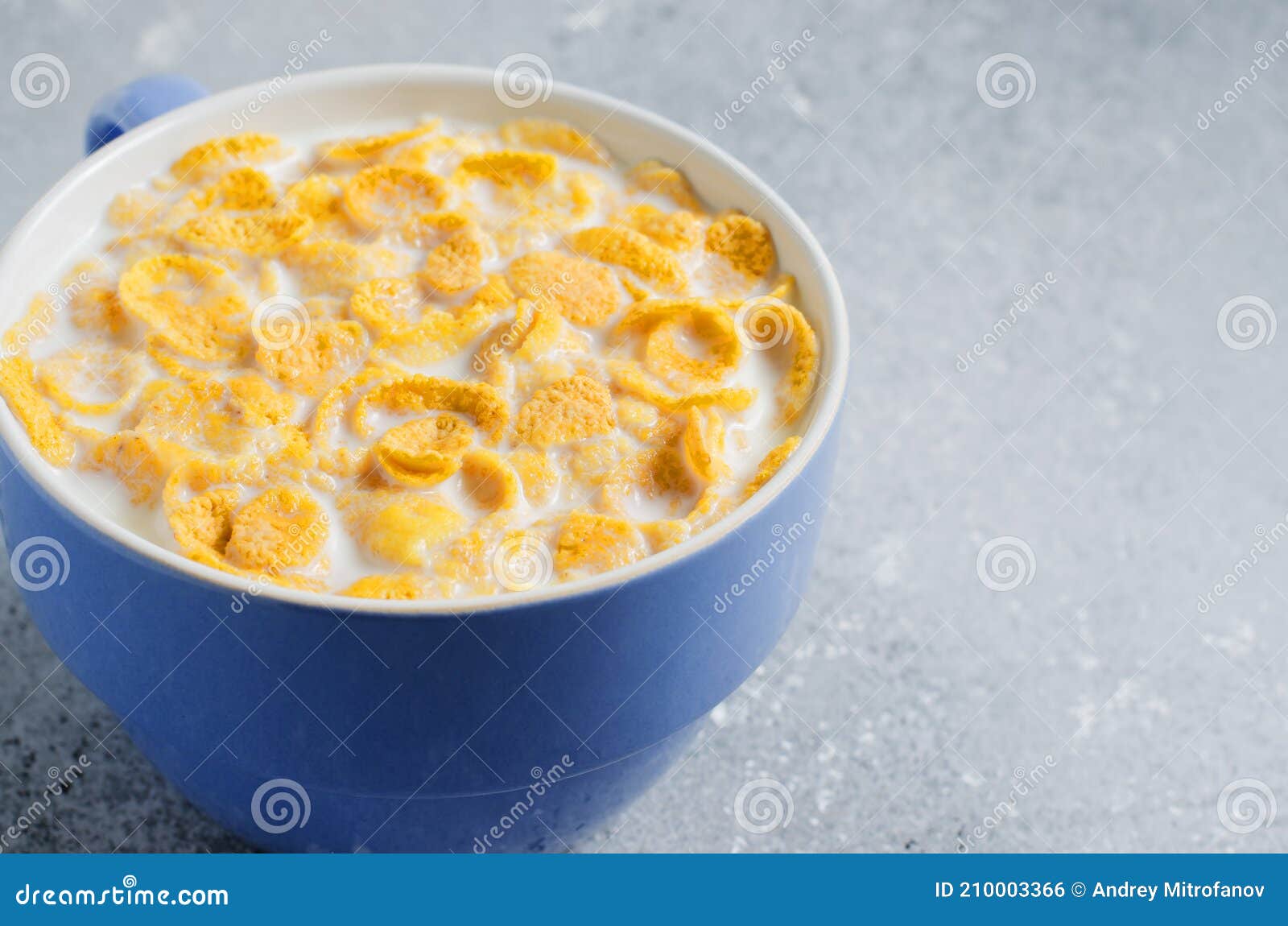 Corn Flakes in Milk. Blue Cup. Healthy and Nutritious Breakfast. Copy ...