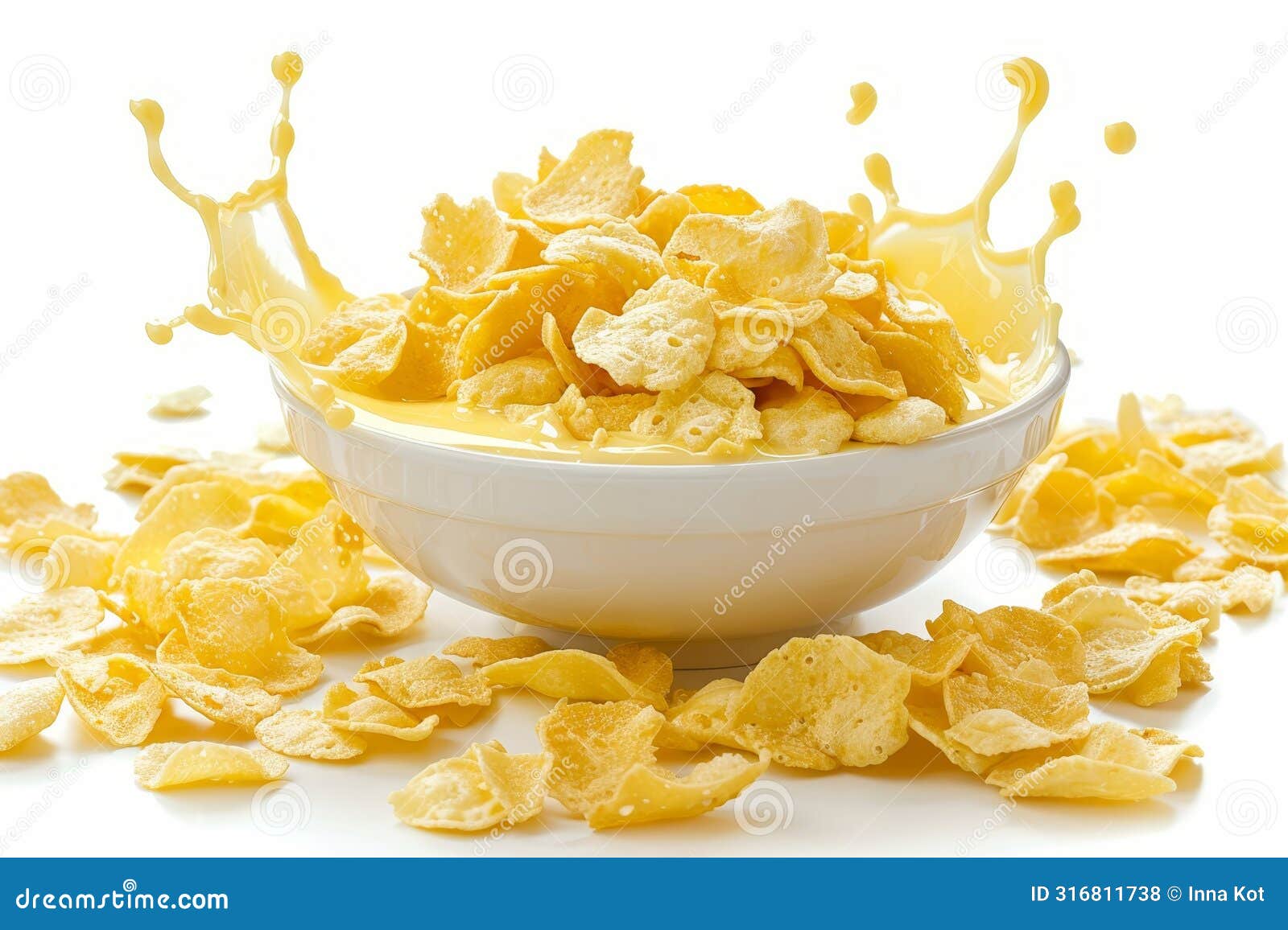 Corn Flakes and Milk Splash in Bowl on White Background for Healthy ...