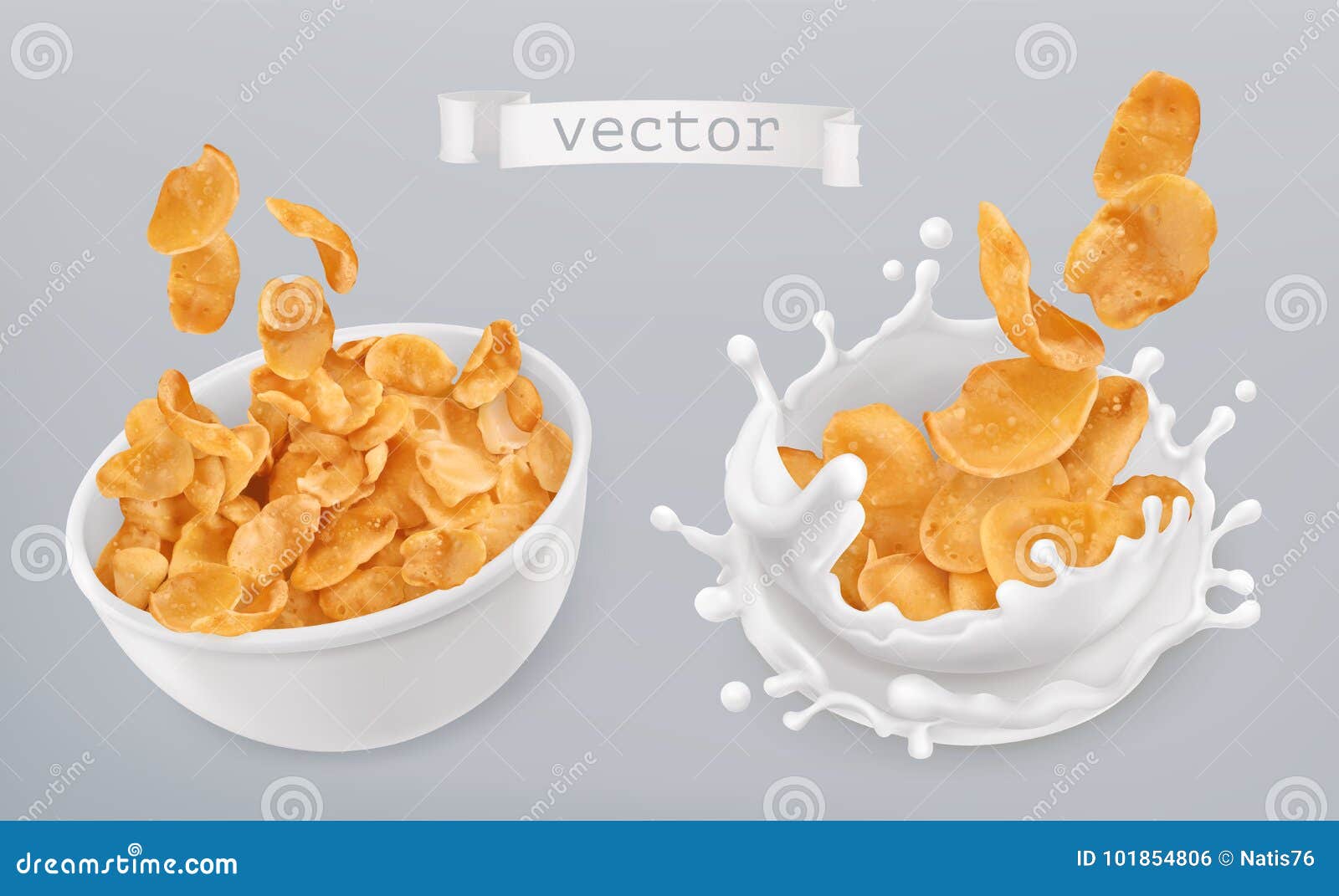 Corn Flakes and Milk Splashes. 3d Vector Icon Set Stock Vector ...