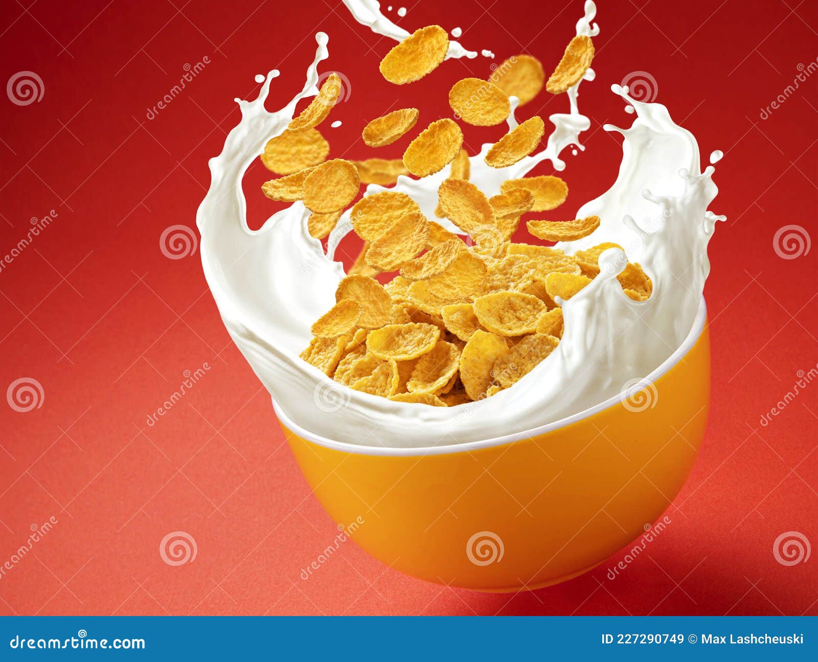 Corn Flakes with Milk Splashes on Red Background Stock Image - Image of ...
