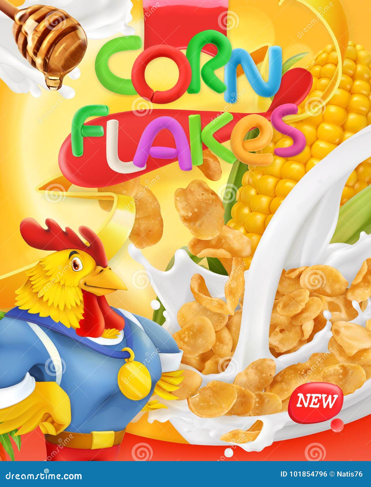 Corn Flakes, Rooster Mascot. Honey and Milk Splashes. 3d Vector ... Corn Flakes, Rooster Mascot. Honey and Milk Splashes. 3d Vector ...