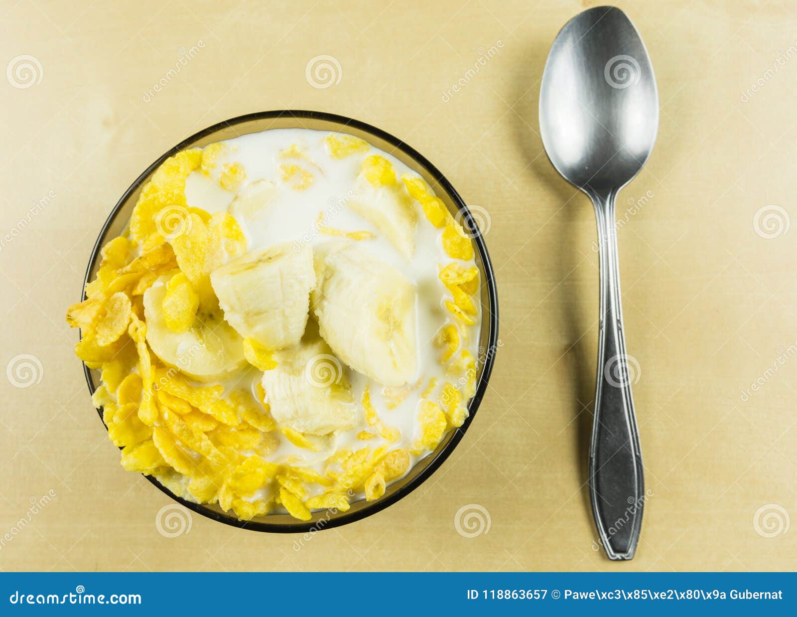 Corn Flakes are Usually Served with Cold Milk. View from Above. Stock ...