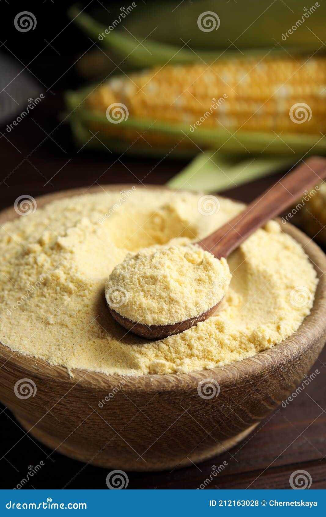 Corn Flour in Bowl and Fresh Cobs on Wooden Table Stock Photo - Image ...