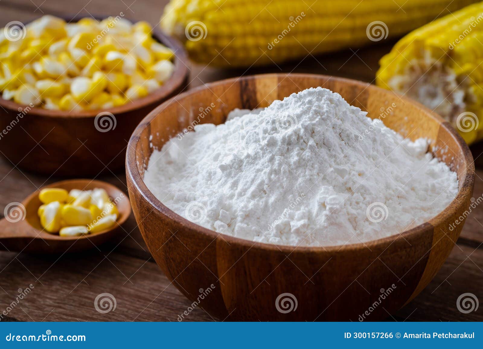 Corn Flour in Wooden Bowl and Corn Cobs on Table Stock Photo - Image of ...