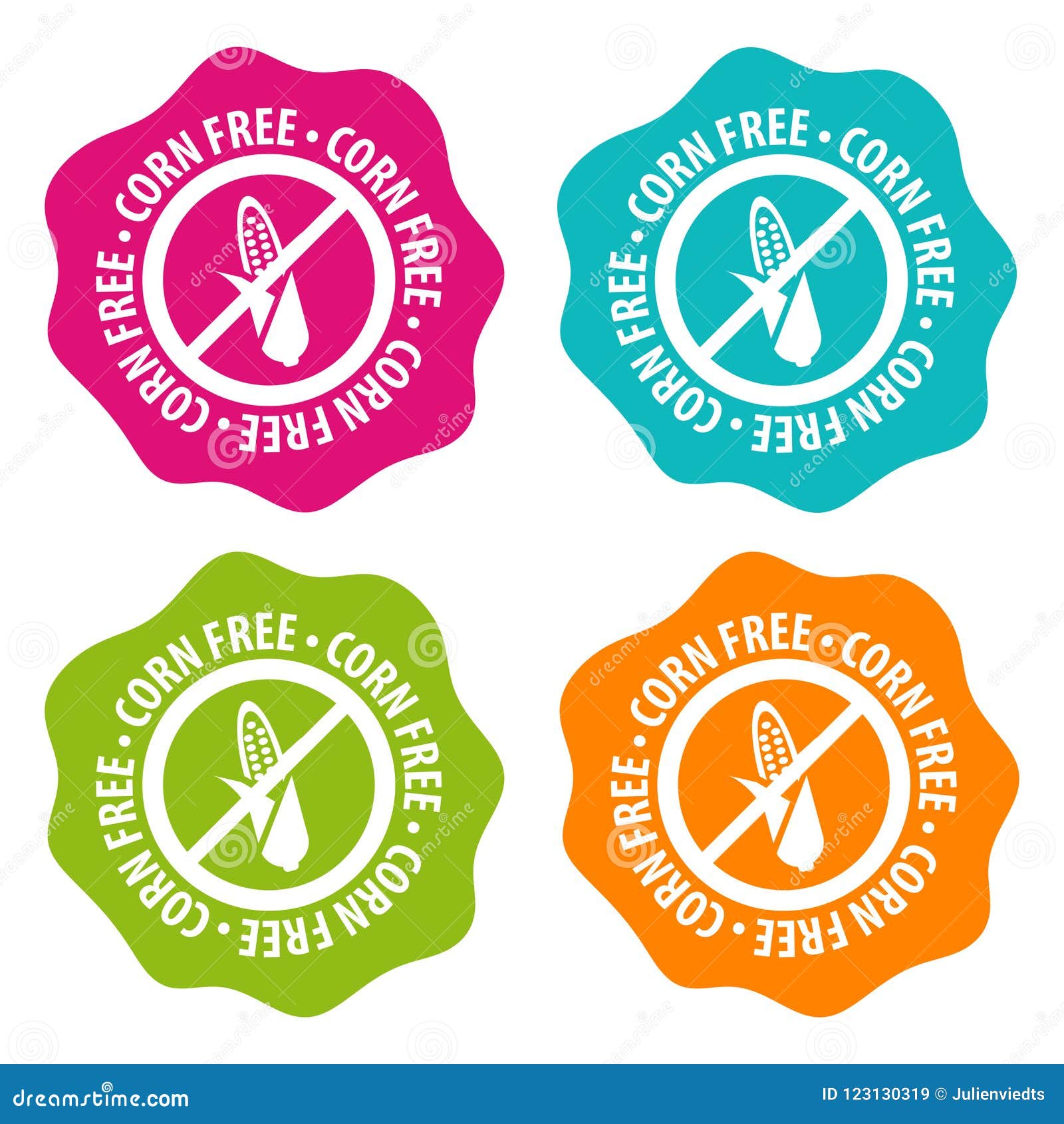 Corn Free, GMO Free, Alcohol Free And Caffeine Free Badges. Cartoon ...