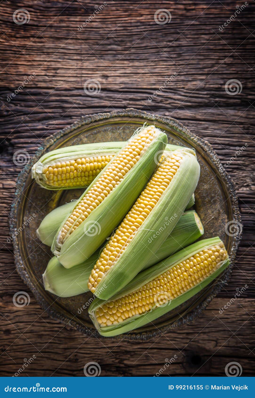Corn. Fresh Corn on Old Rustic Oak Table Stock Image - Image of meal ...