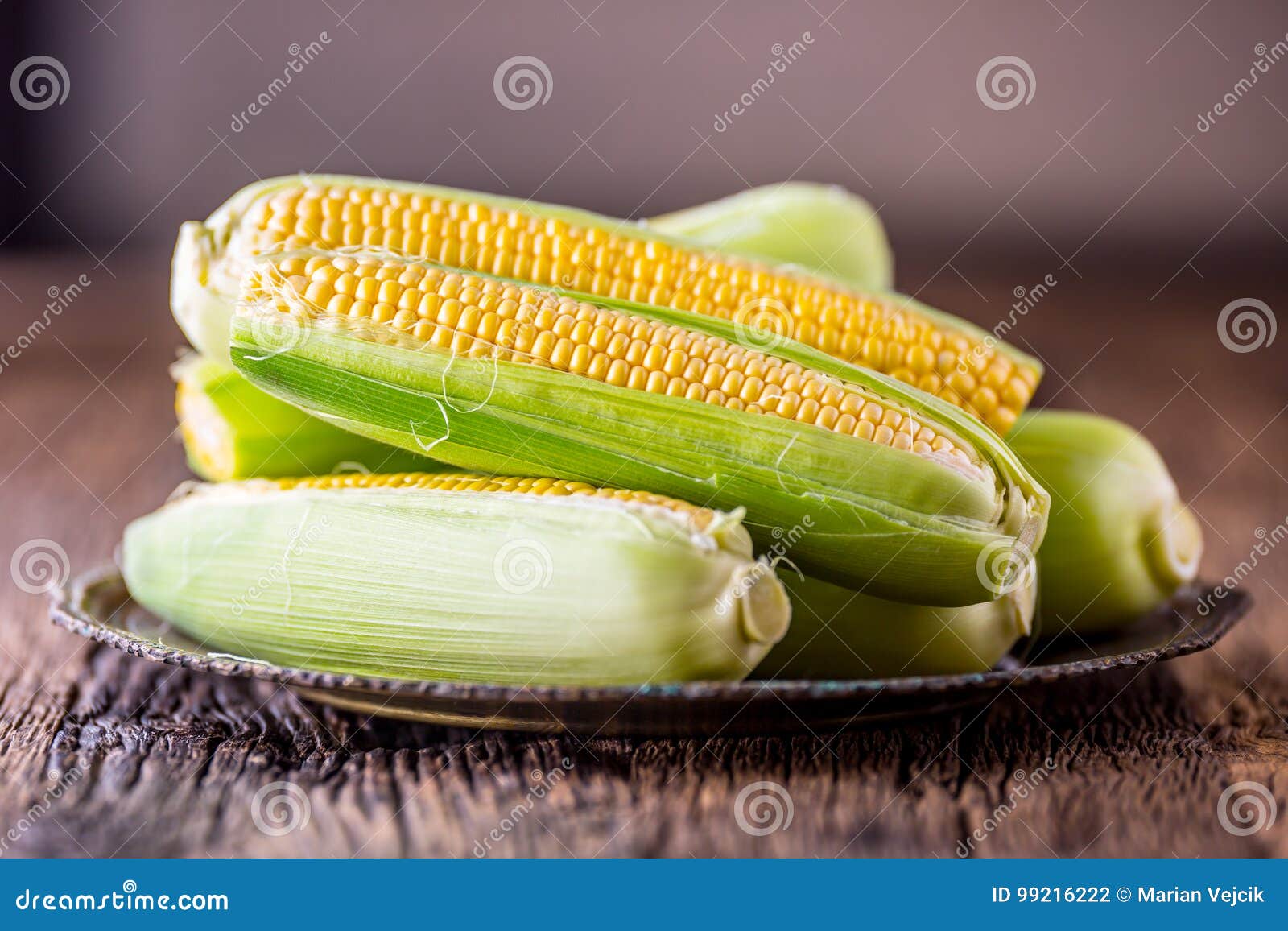 Corn. Fresh Corn on Old Rustic Oak Table Stock Photo - Image of golden ...