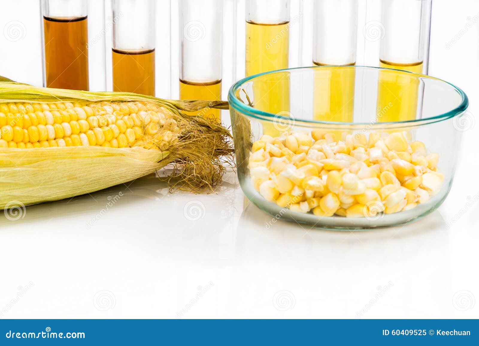 Corn Generated Ethanol Biofuel With Test Tubes On White Backgrou ...