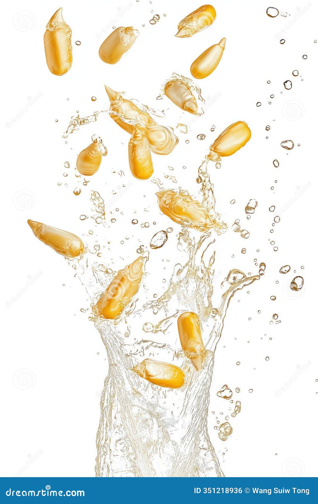 Corn Grains Splashing into Water on White Background Stock Illustration ...