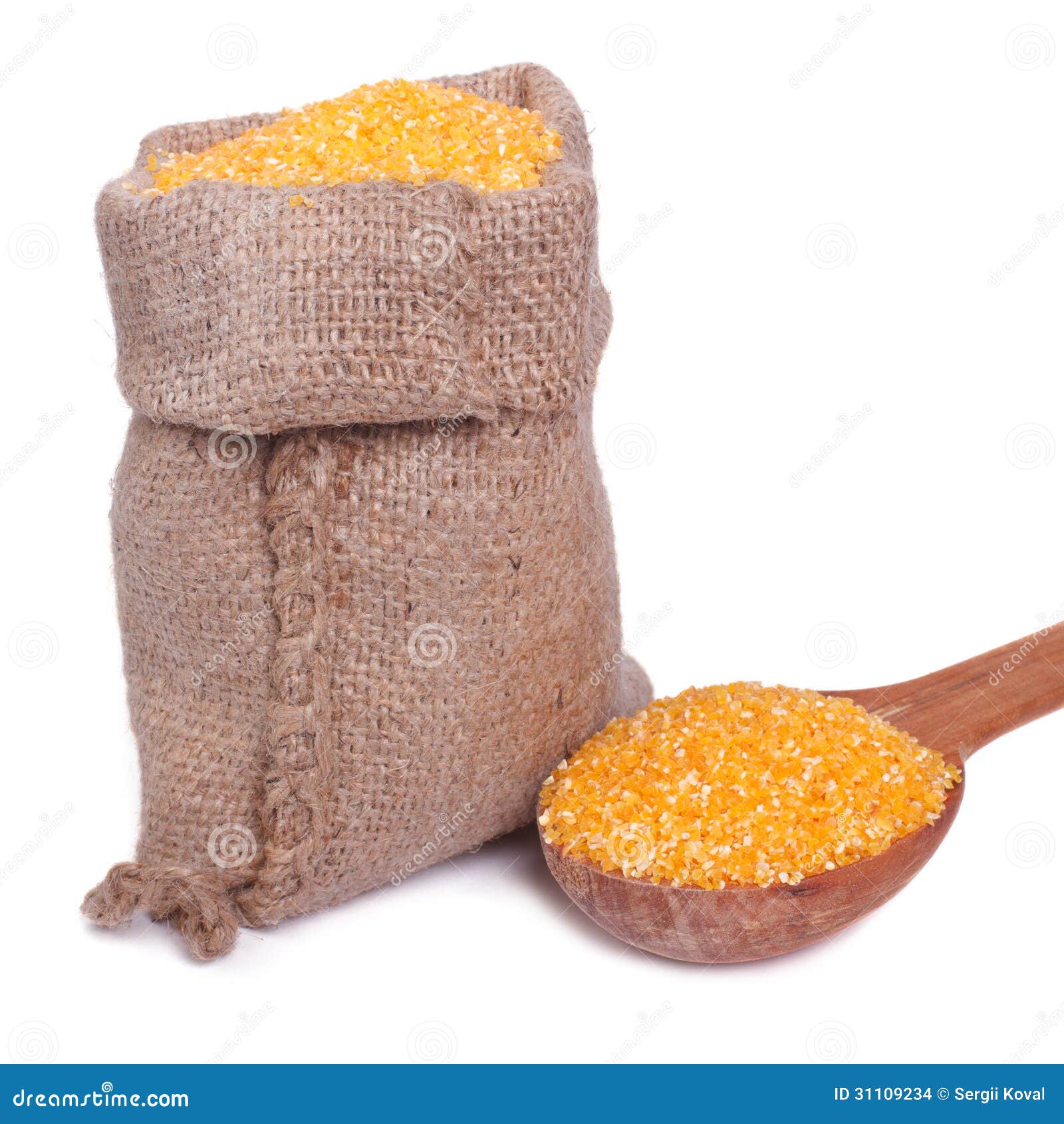 Corn Groats in a Bag and a Wooden Spoon Isolated Stock Photo - Image of ...